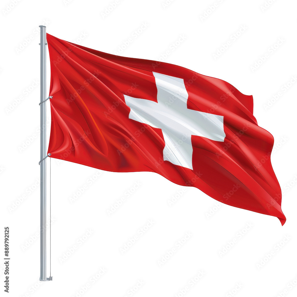 High-quality image of the Swiss flag waving on a flagpole, isolated on ...