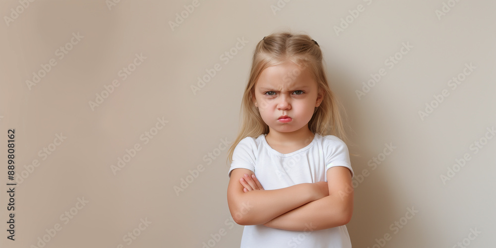 Little girl with blonde hair is making angry face expression with arms ...