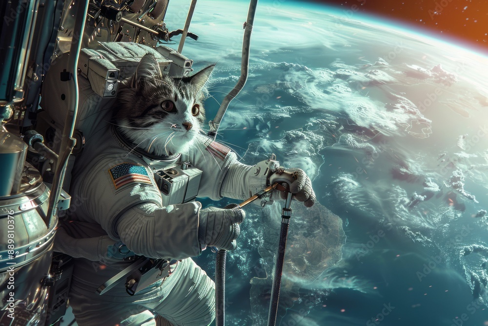 A creative shot of a cat in a spacesuit using tools to repair a ...