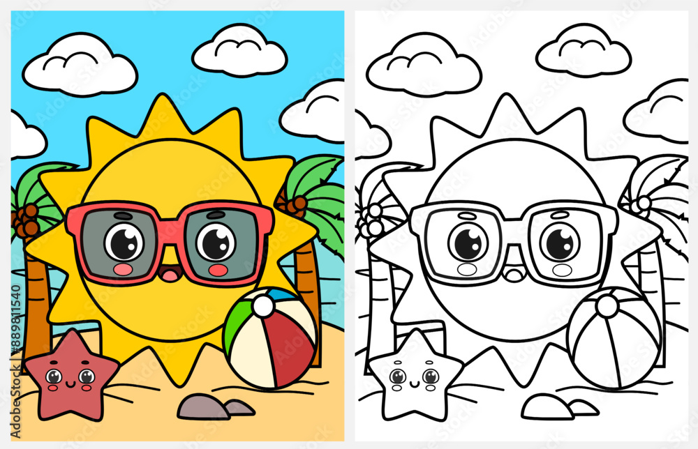 Cute cartoon sun wearing glasses coloring page for kids, summer ...