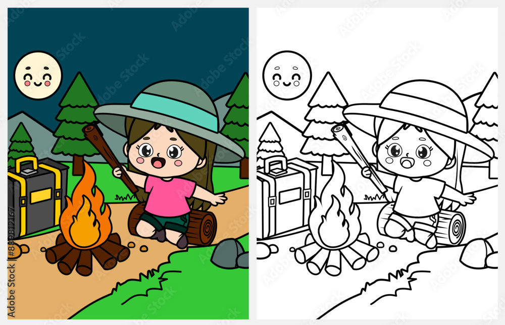 Happy girl on a summer camping coloring page for kids, summer coloring ...