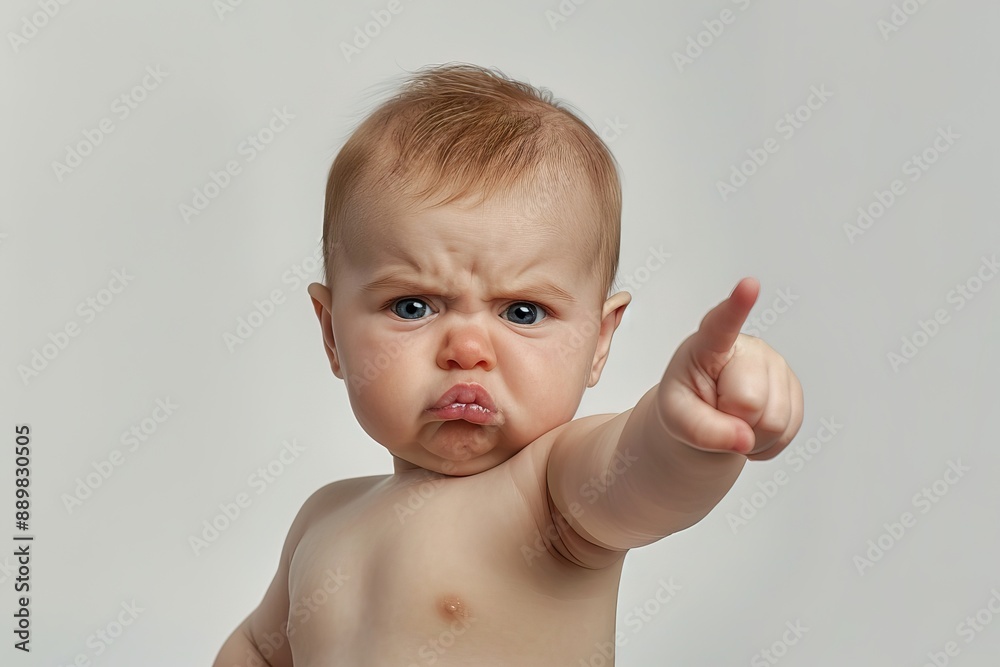 Ultra realistic photograph of an angry baby pointing with an intense ...