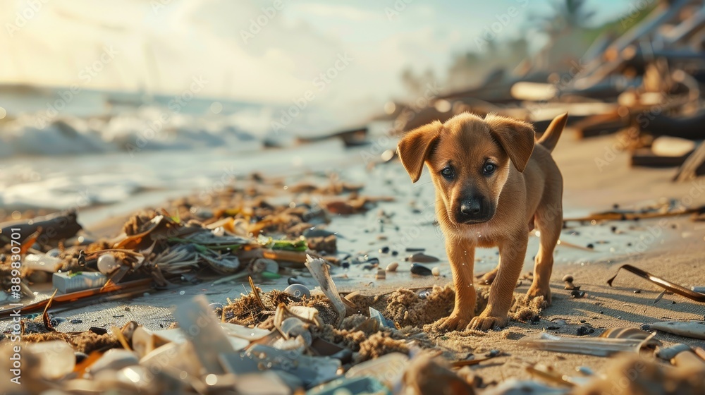 Stray puppy exploring a littered beach with debris highlighting ...