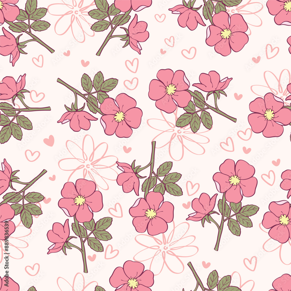 Seamless pattern of pink cartoon flowers. It's a pattern that looks feminine. Pattern for fabric ...