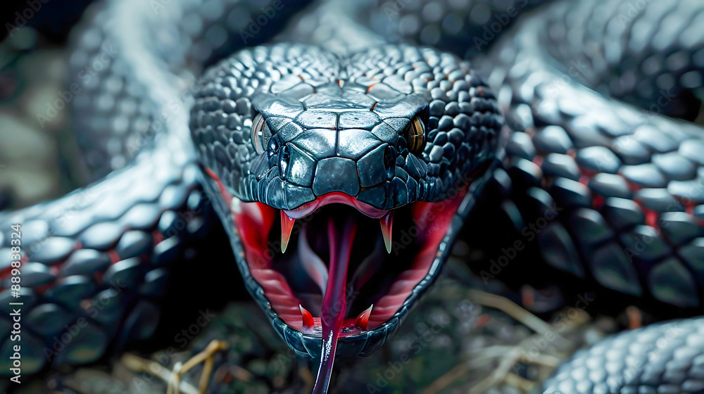 Vicious Black Viper Snake with Bifurcated Tongue Viciously Attacking ...