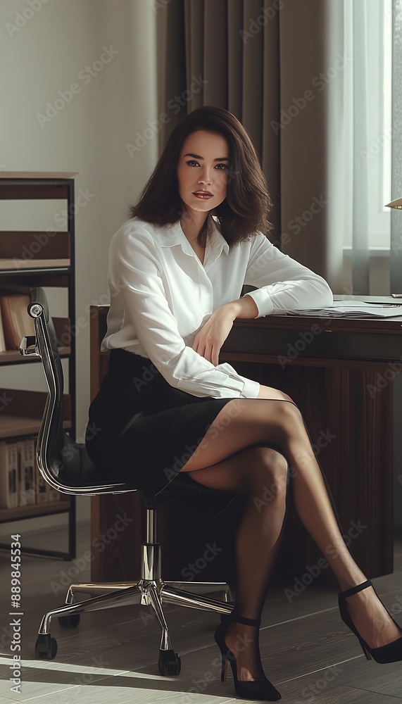 Cute secretary with dark hair and glossy lips is sitting on a chair ...