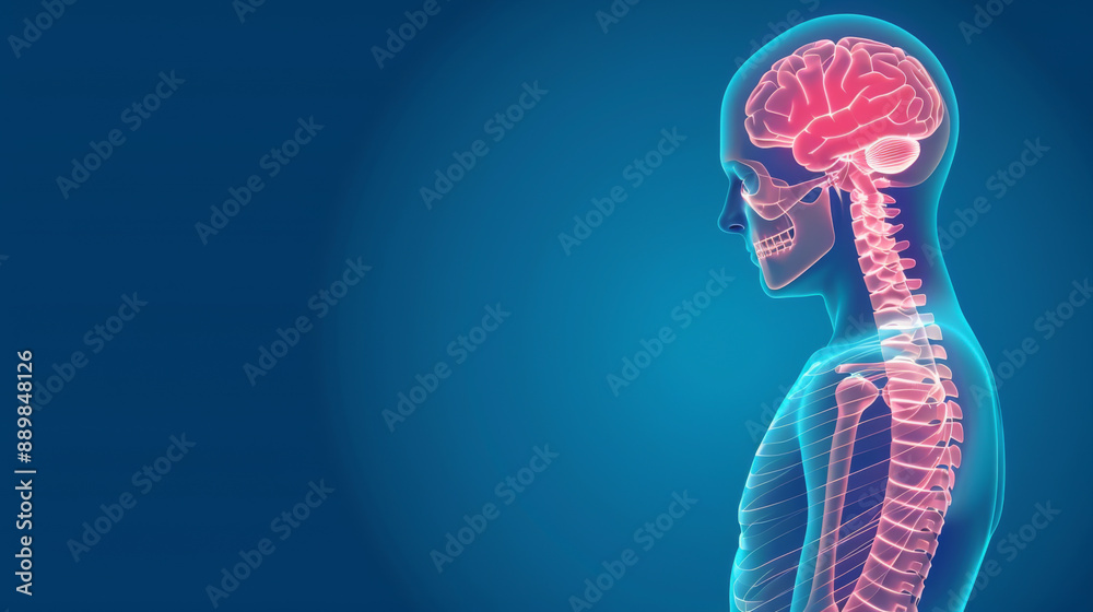 Digital illustration of human body with focus on brain and spine ...