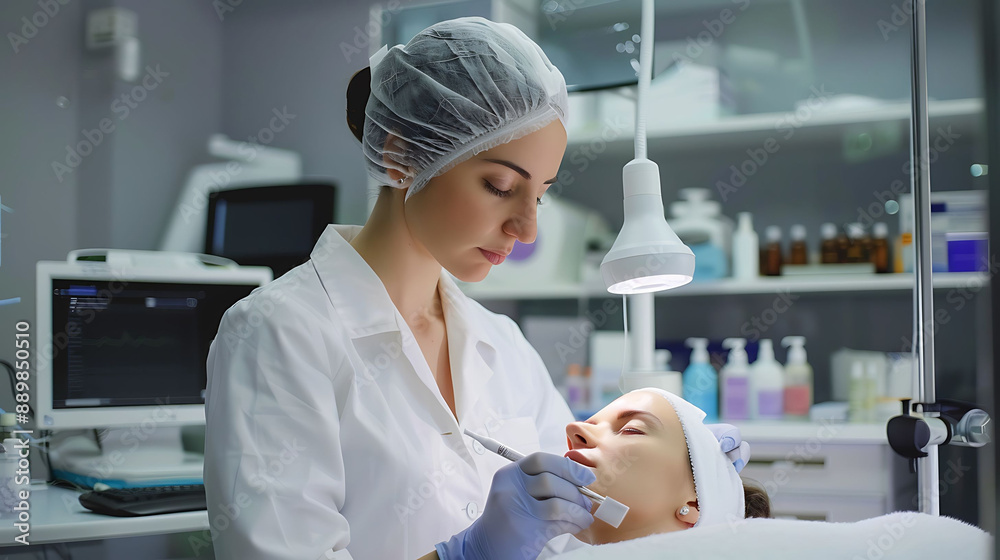 Female doctor Dermatologist treating a skin condition in a hospital ...