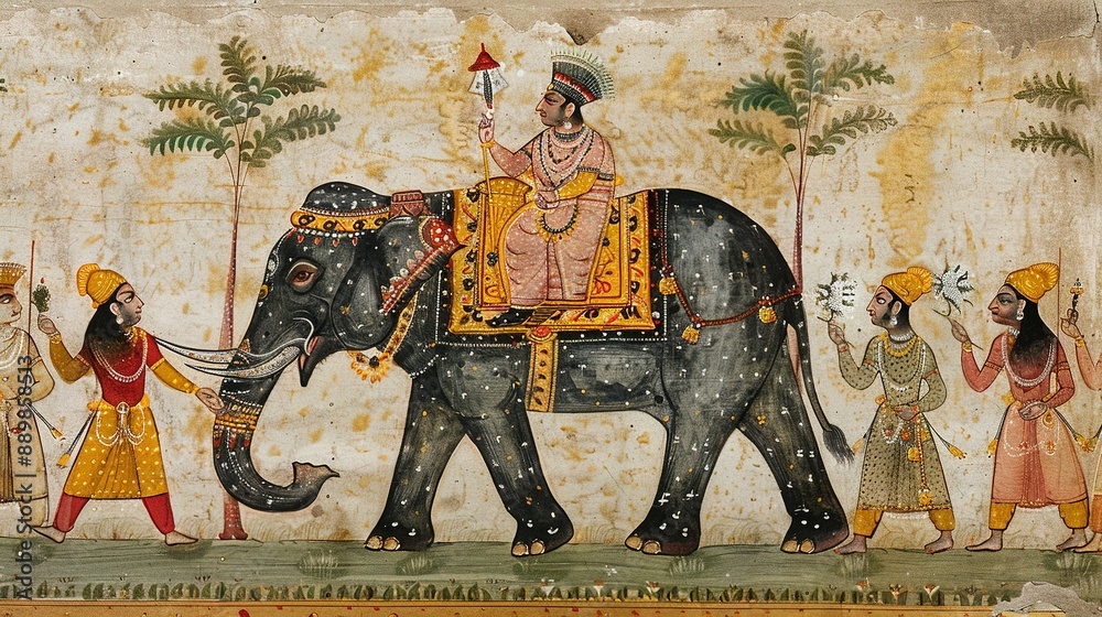 Mughal Emperor Riding an Adorned Elephant in a Procession: Indian ...