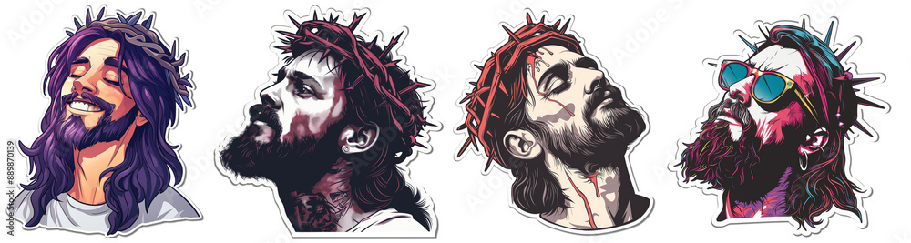 Jesus Christ punk rock sticker with shadow collection set isolated PNG ...