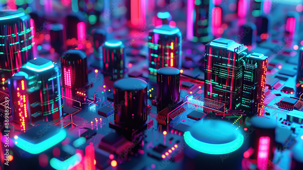 3D rendering of a tiny neon glowing computer chips city with a circuit ...