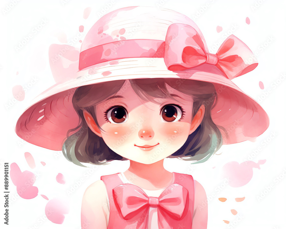 Cute girl with a pink bow hat, pink dress and big eyes in the cute ...