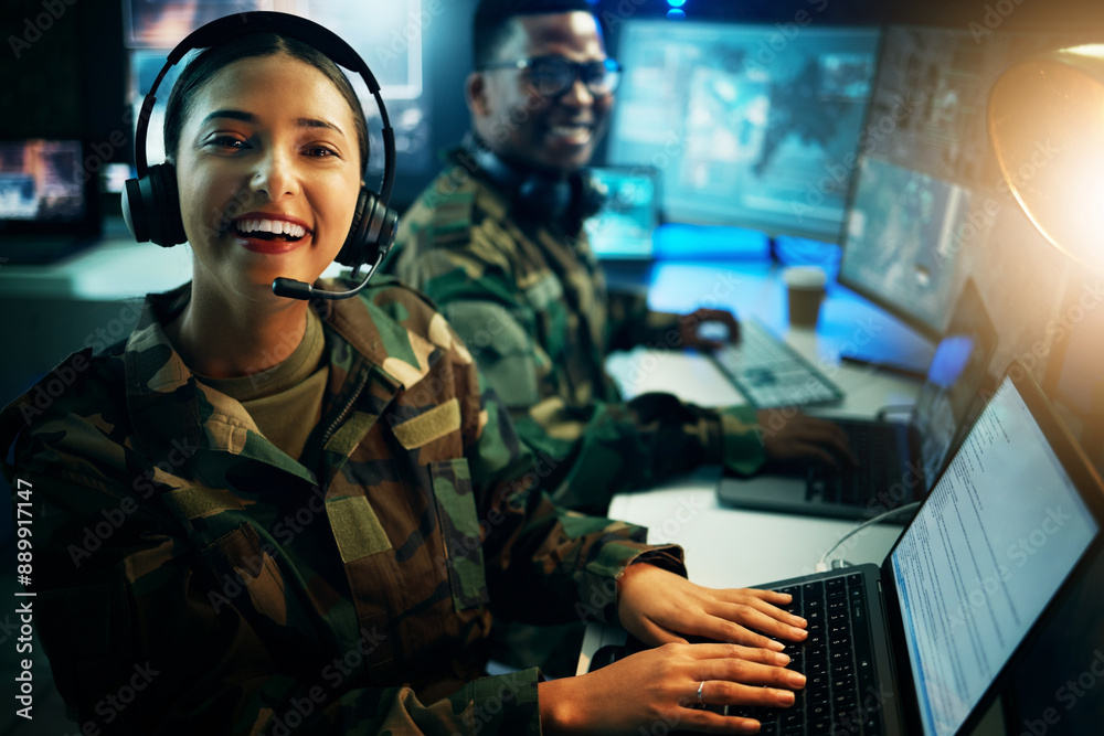 Military control room, laptop and portrait of woman in headset, smile ...