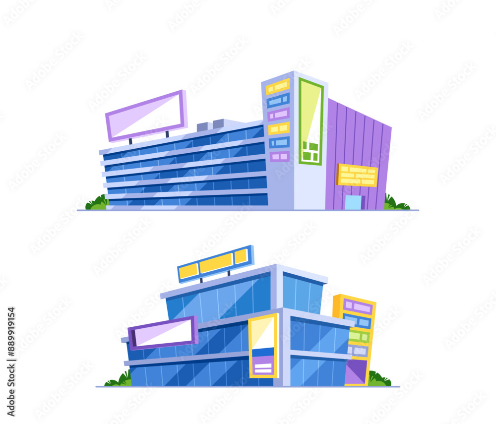 Colorful, Vector Illustrations Of Modern Shopping Centers With Glass ...
