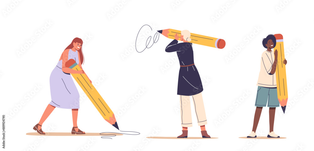 People Collaboratively Using Oversized Pencils To Draw. Vector ...