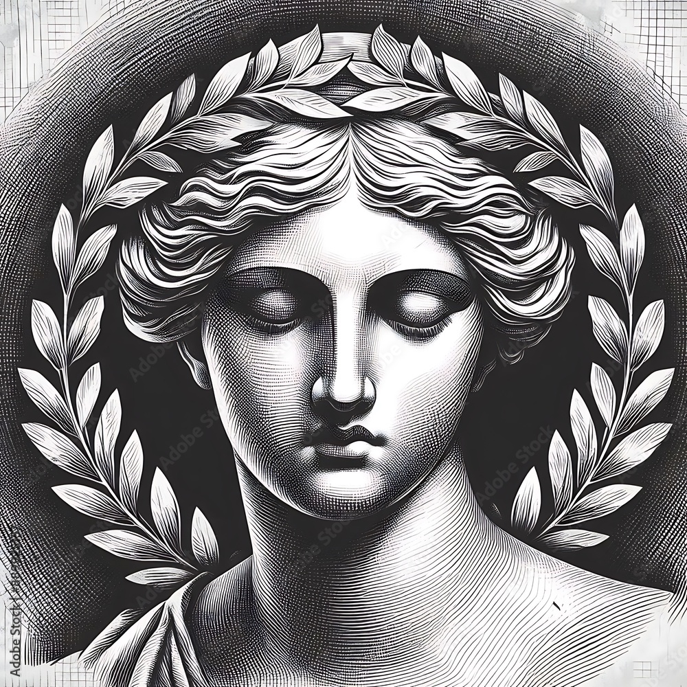 classical Greek statue, depicting a sad serene woman with a laurel ...