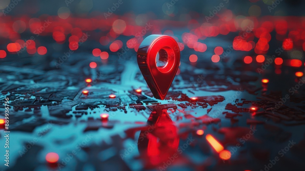 3d rendered glossy red location pin hovering over abstract map futuristic navigation concept ...