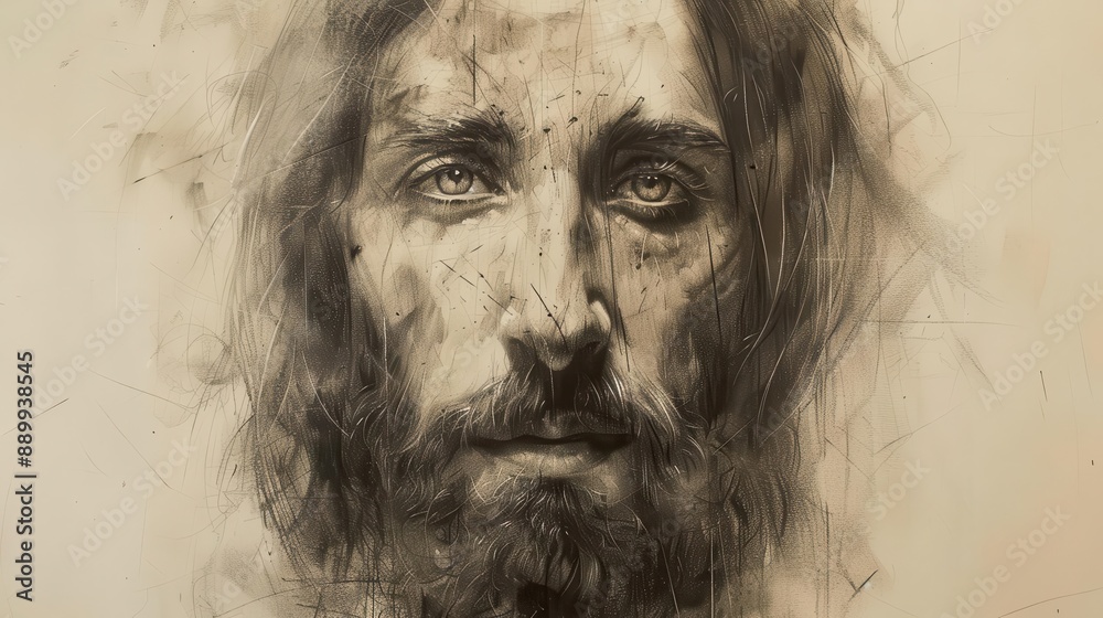 ethereal charcoal sketch of jesus christ with expressive eyes and ...