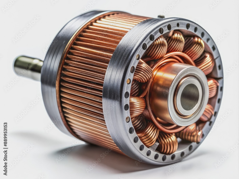 Close-up of a futuristic brushless DC motor with compact copper ...
