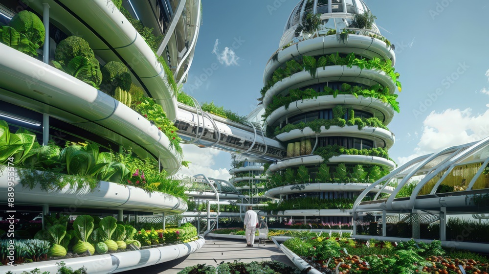 Photograph a futuristic urban farm where residents grow fresh produce ...
