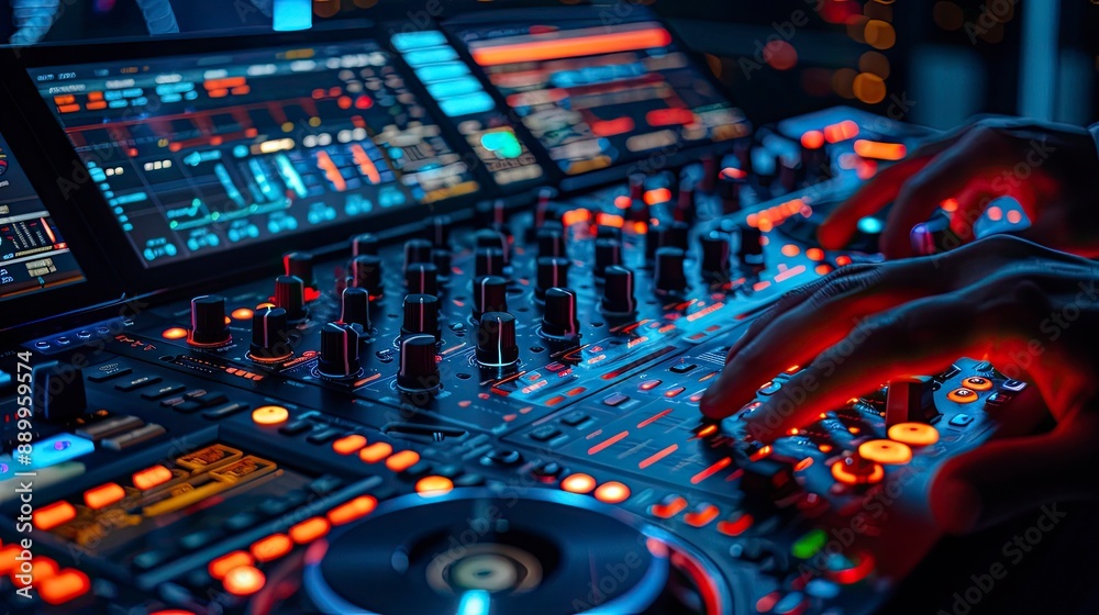 DJ's hands mixing tracks on a digital controller, with screens ...