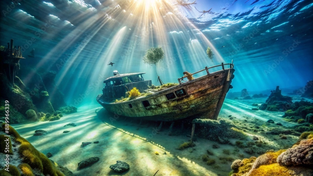 Underwater view of a sunken shipwreck partially covered in marine flora ...