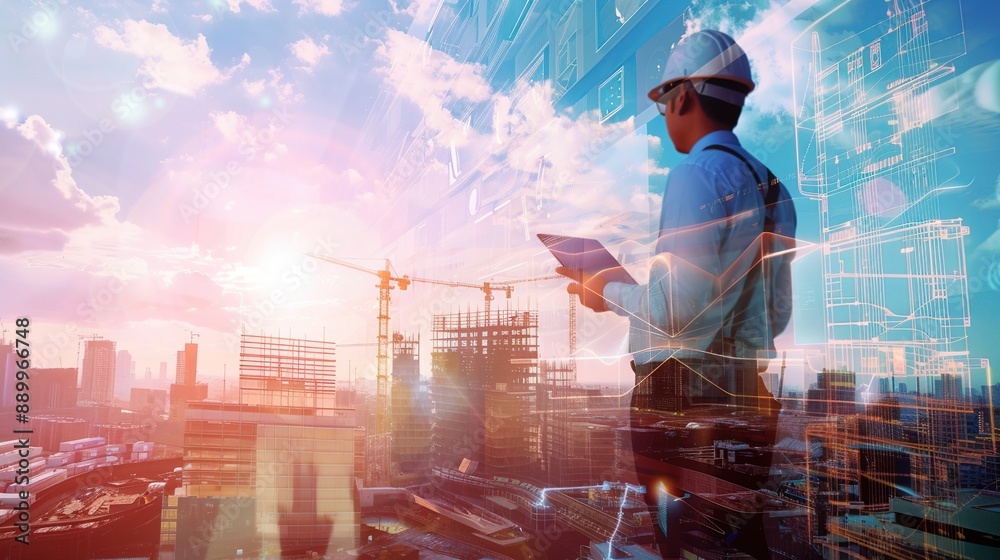 Future building construction project concept with double exposure ...
