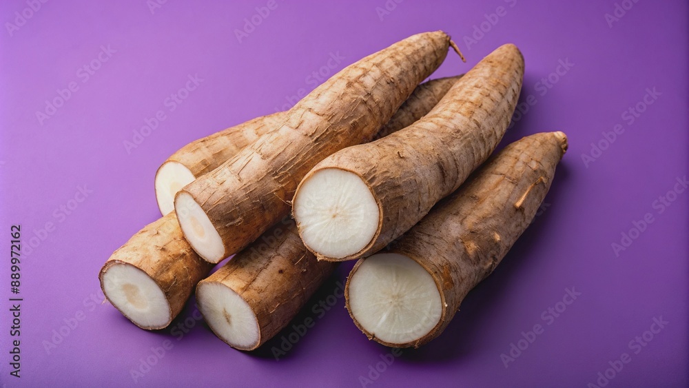 Fresh organic cassava root manioc esculenta - yuca on purple background ...