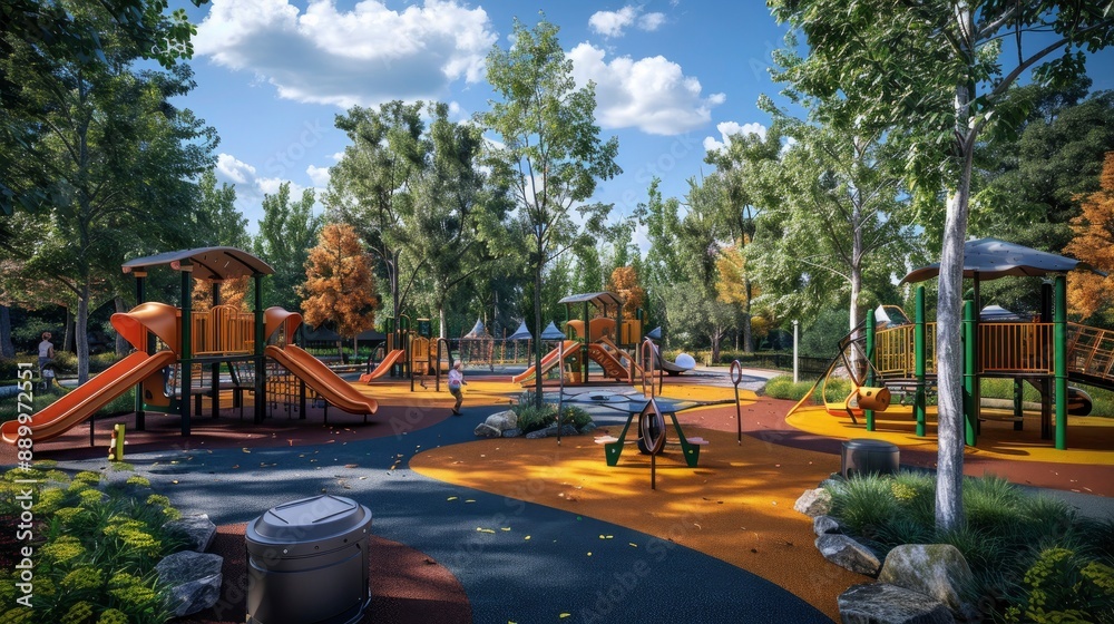 A modern playground with inclusive equipment designed for children of ...