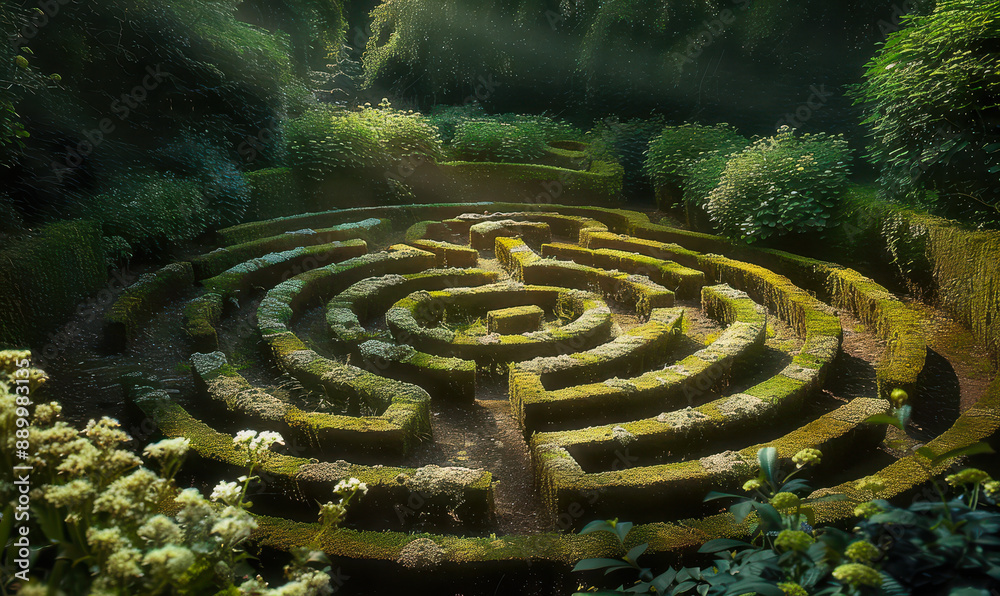 Moss-Covered Garden Maze Pathway in Lush Green Forest Setting During ...