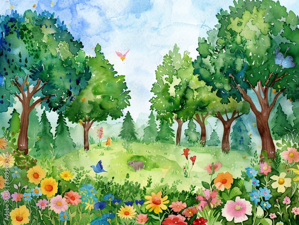 5. A detailed watercolor forest scene for children, featuring a mix of ...