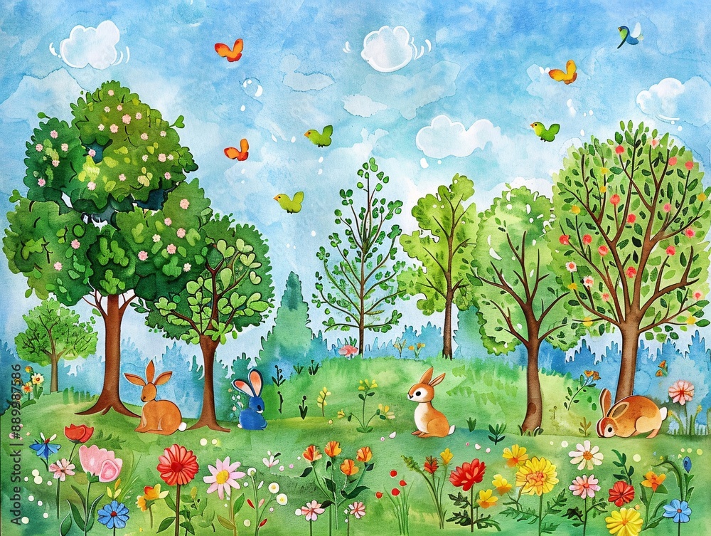 5. A detailed watercolor forest scene for children, featuring a mix of ...