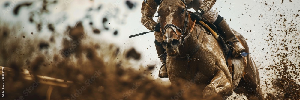 A jockey rides a horse through a muddy racetrack, the horse's face and ...