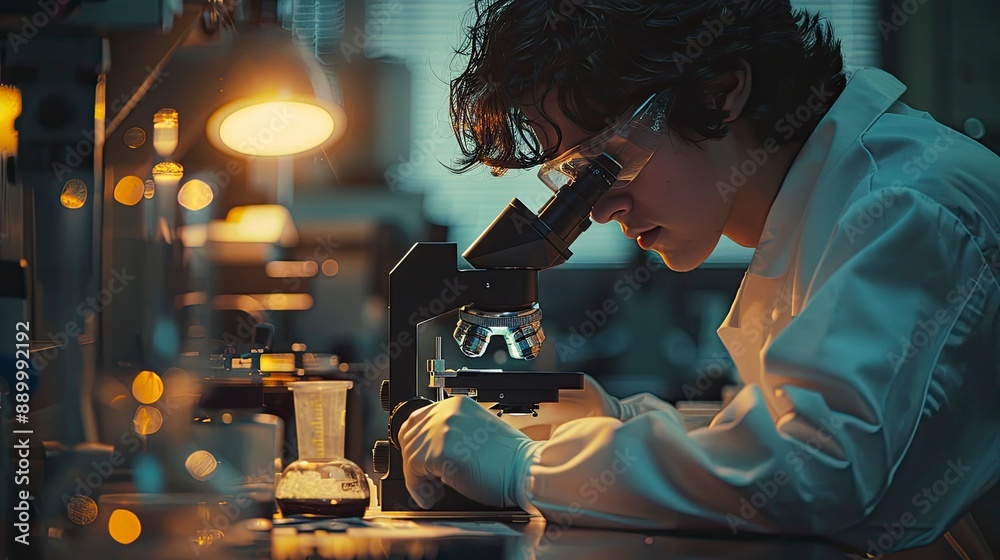 An electron microscope in a dimly lit lab, with a scientist adjusting ...