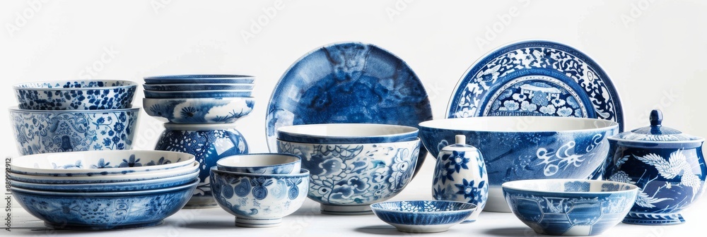 A collection of indigo blue porcelain china pieces, including bowls ...