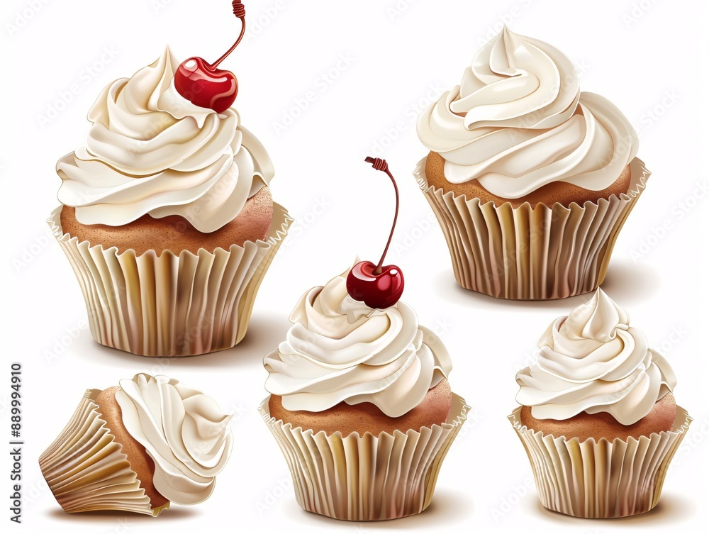 5. Detailed vector illustrations of cupcakes with light whipped cream ...