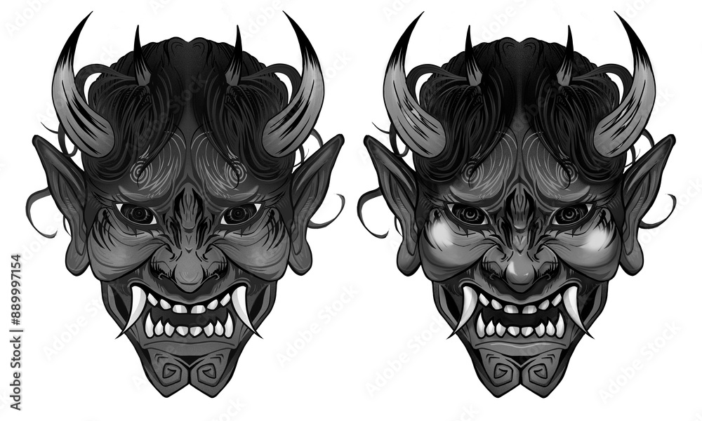Oni Mask 2D Digital drawing detailed Japan demon face painting with ...