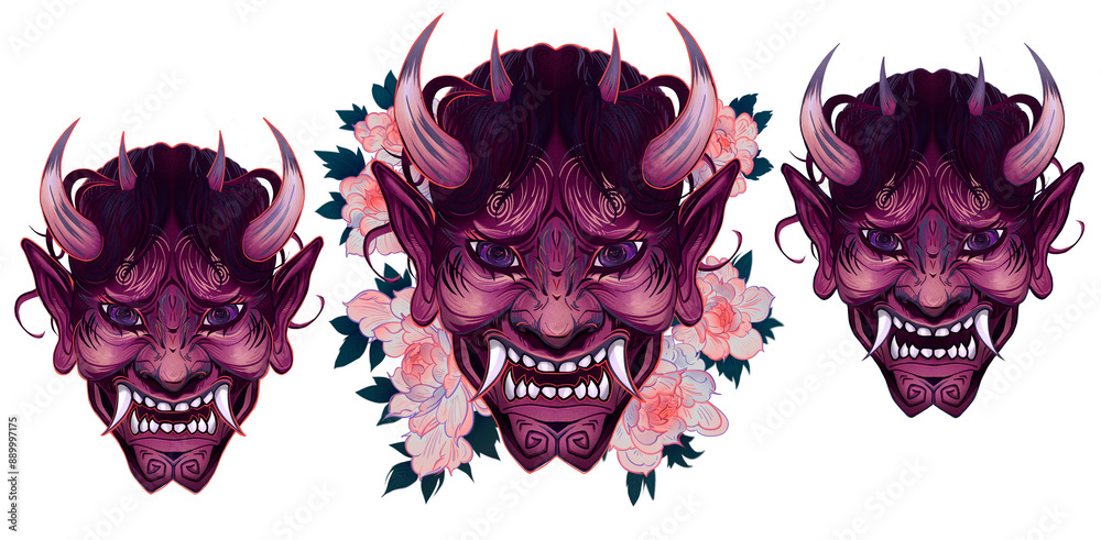 Oni Mask 2D Digital drawing detailed Japan demon face painting with ...