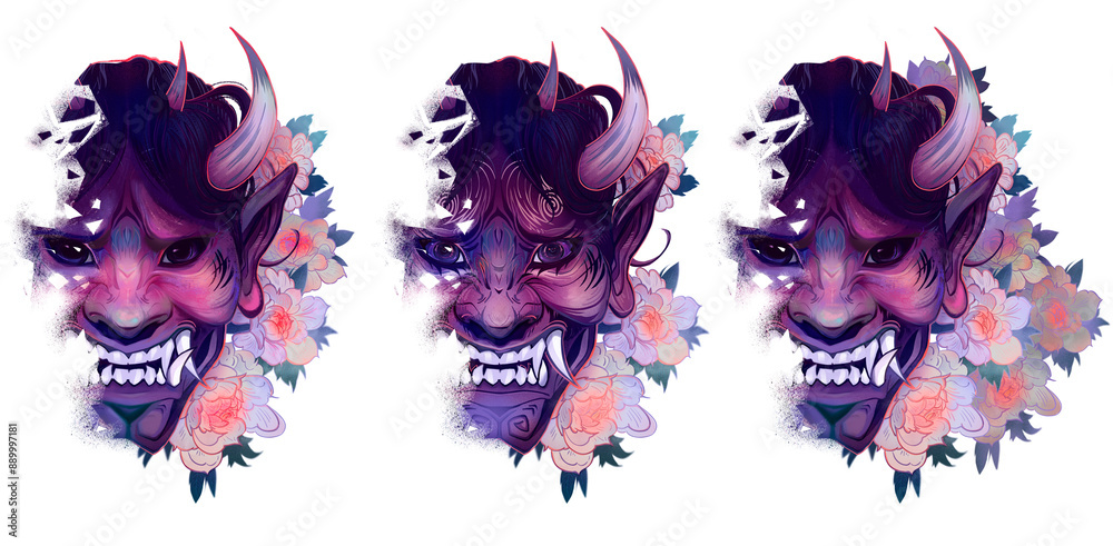 Oni Mask 2D Digital drawing detailed Japan demon face painting with ...