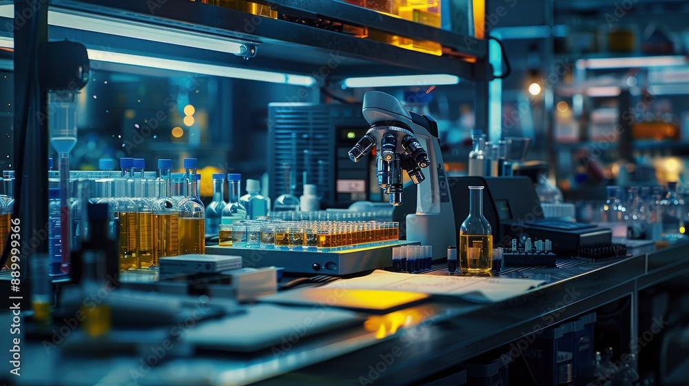 A detailed shot of a laboratory workspace with a focus on molecular ...