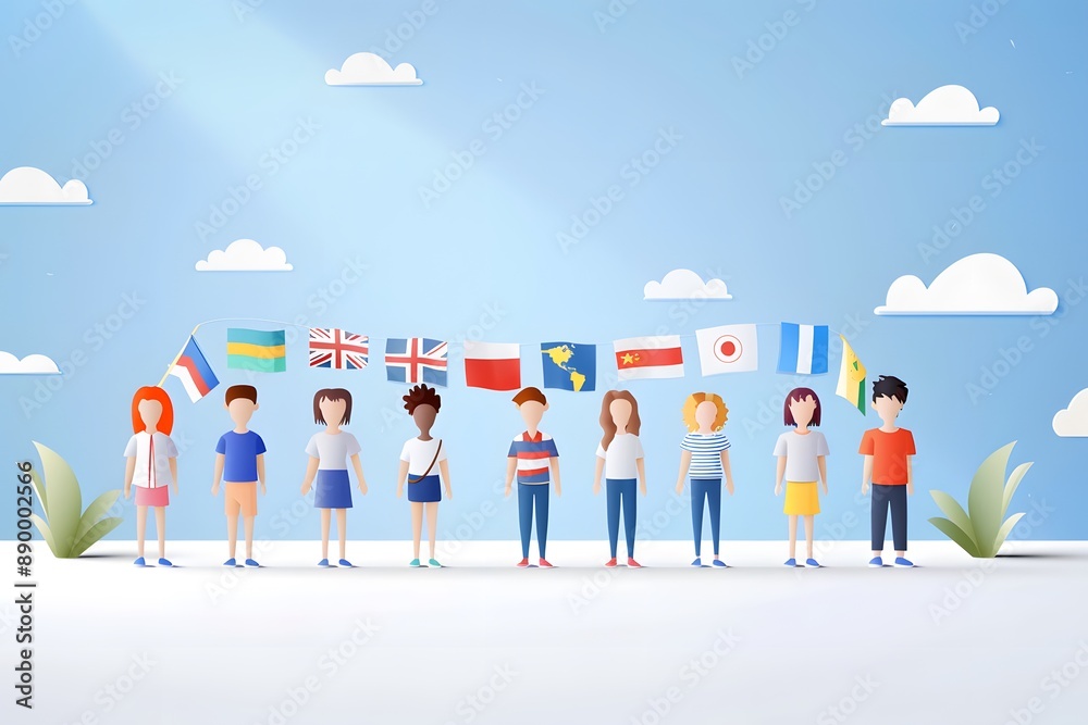 Diverse group of people holding flags from different countries under a ...