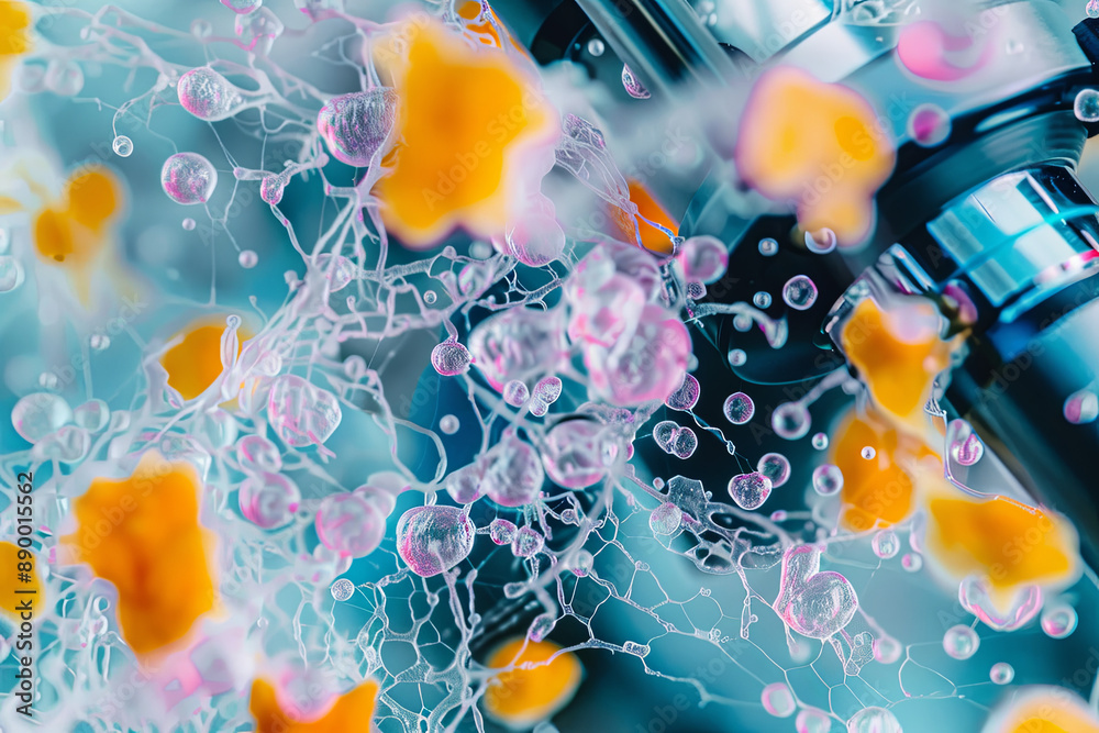 Bacteria and cells of a biological organism under a microscope in a ...