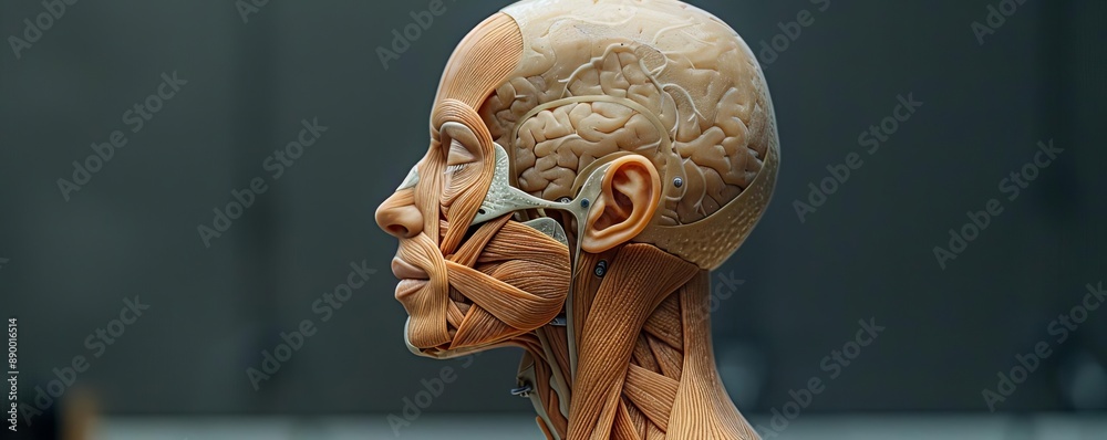 Side view of an anatomical model showing detailed human head and neck ...