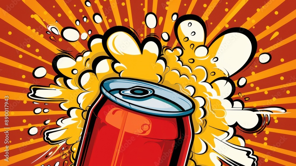 Vintage soda can with vibrant pop art design and animated fizz effect ...
