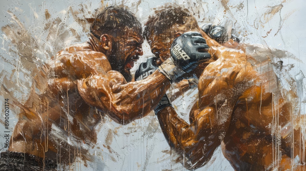 Two intense MMA fighters locked in a fierce battle, showcasing raw ...