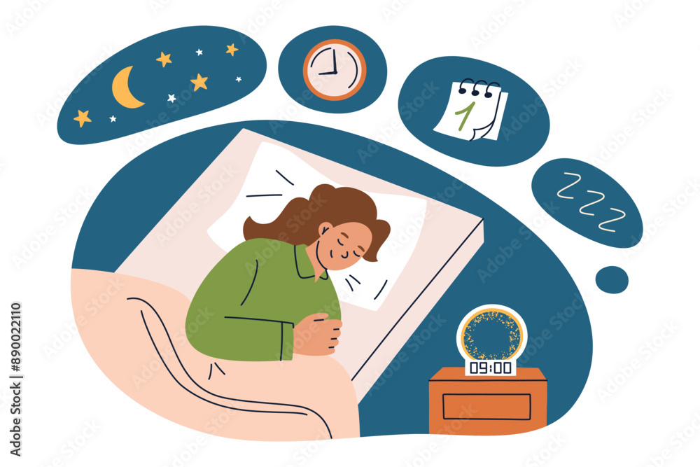 Sleep schedule vector illustration, bedtime routine concept. Woman ...