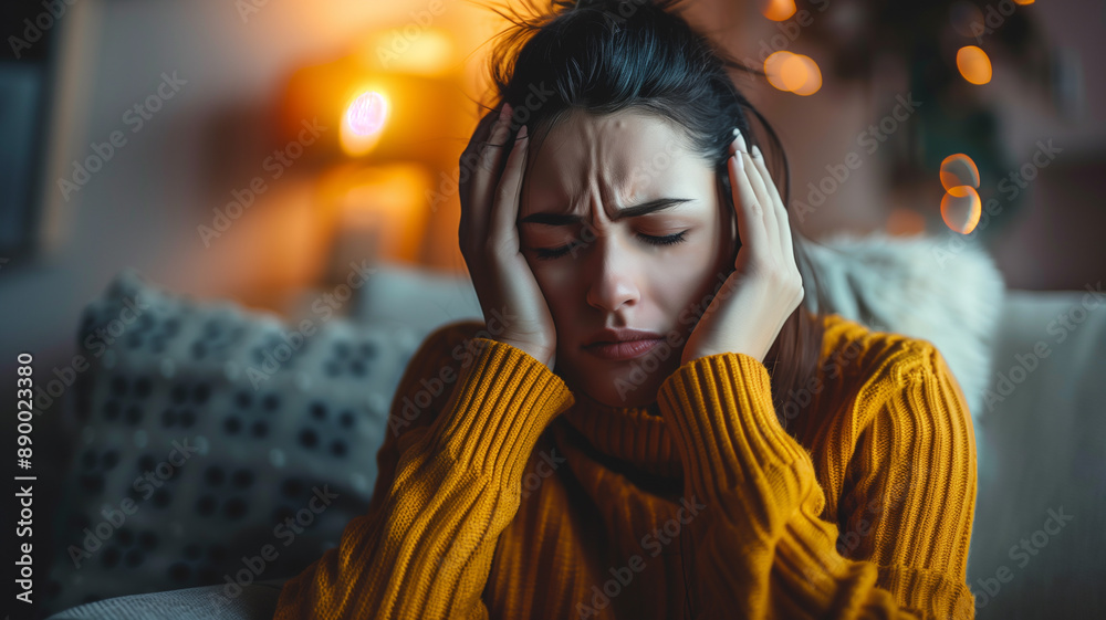 Young woman sitting on a couch at home, holding her head in distress ...