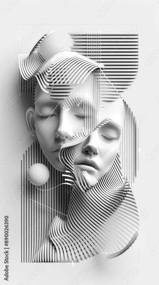 Abstract art featuring two overlapping human faces with closed eyes ...