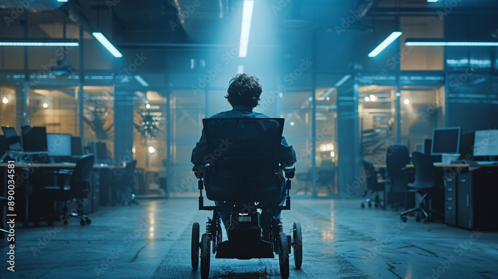 An office worker with a mobility scooter navigating through an ...