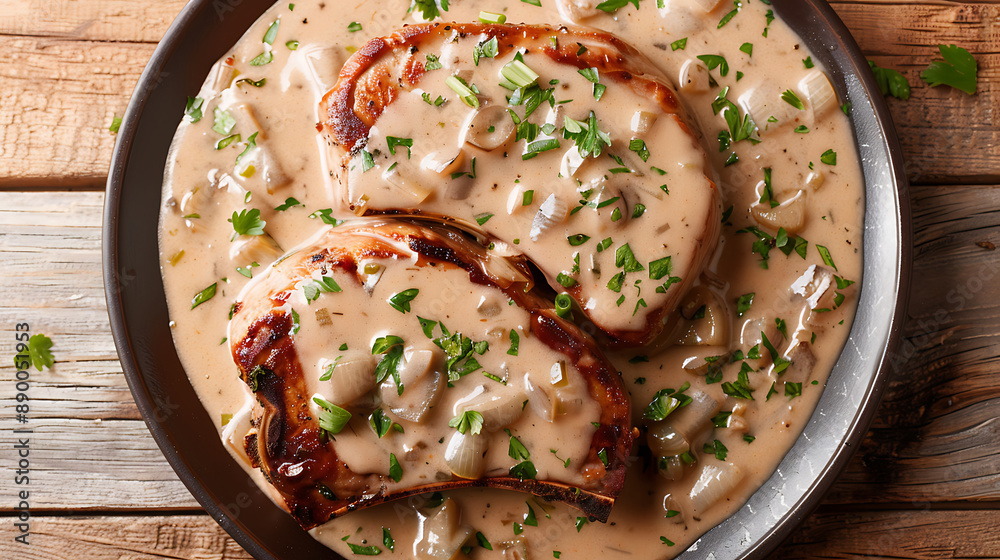 Top view creamy smothered pork chops cooked in onion gravy background ...